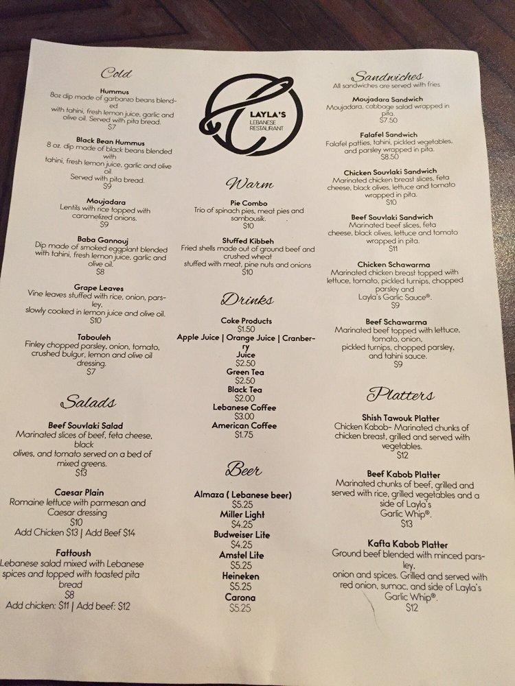 Menu at Layla's Lebanese Restaurant, Lake Ridge, Old Bridge Rd