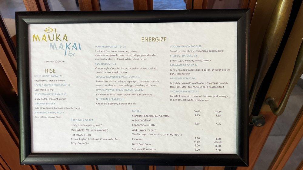 Menu at Mauka Makai restaurant, Lahaina
