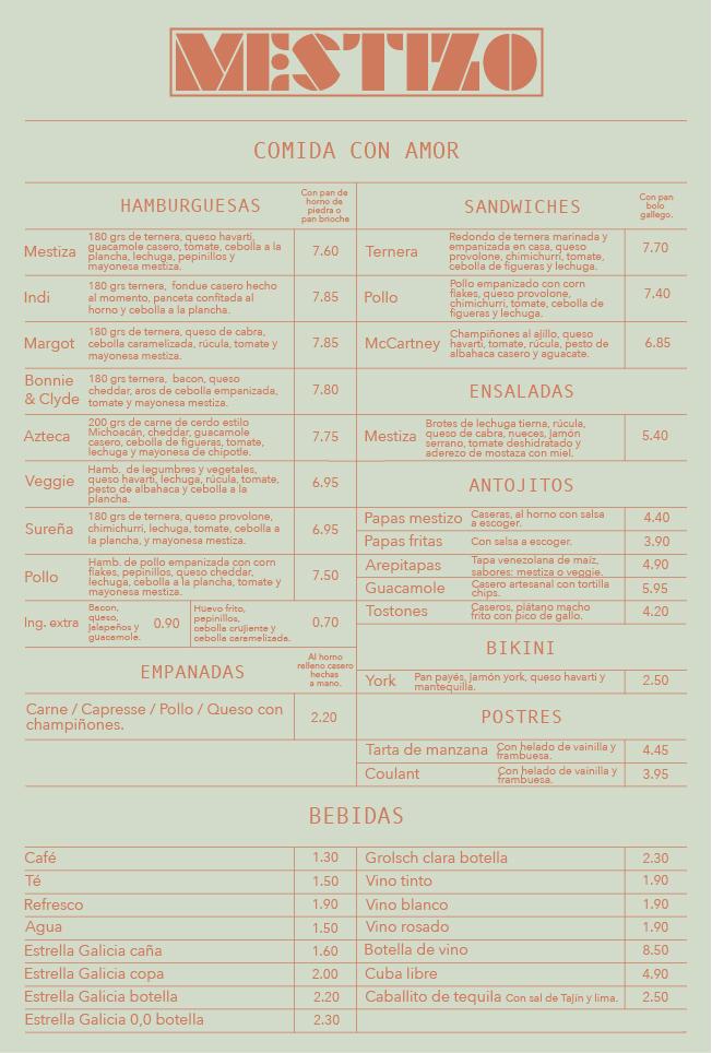 Carta del restaurante Mestizo, Villafranca del Panades