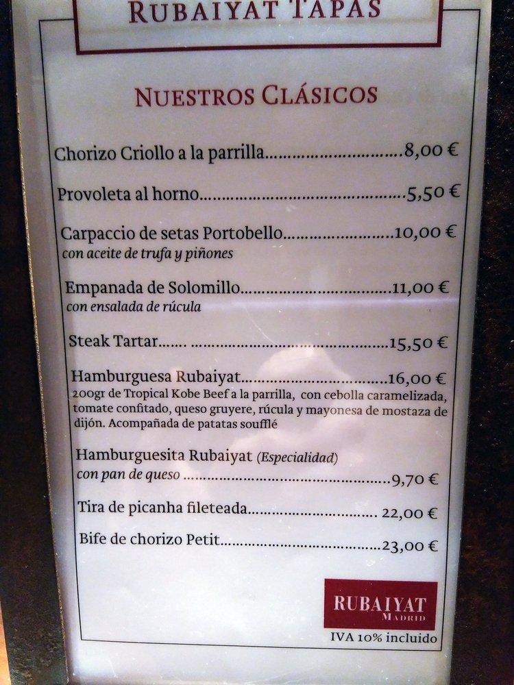 Menu at Baby Grill restaurant, Madrid
