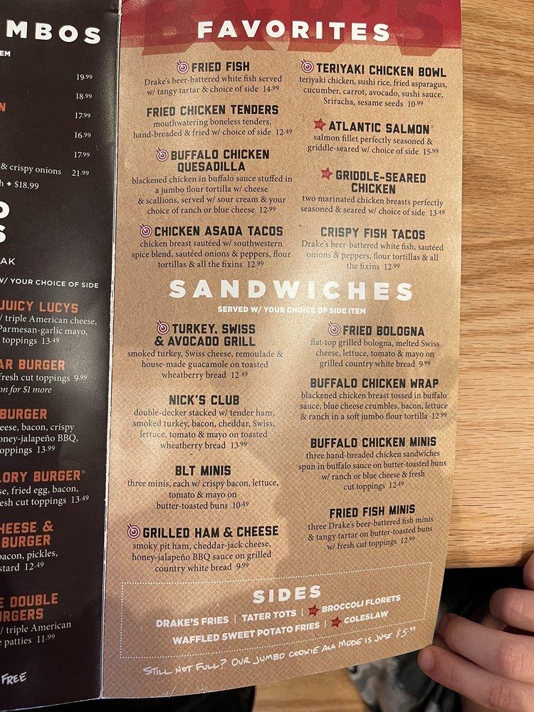 Menu at Drake's Clarksville restaurant, Clarksville