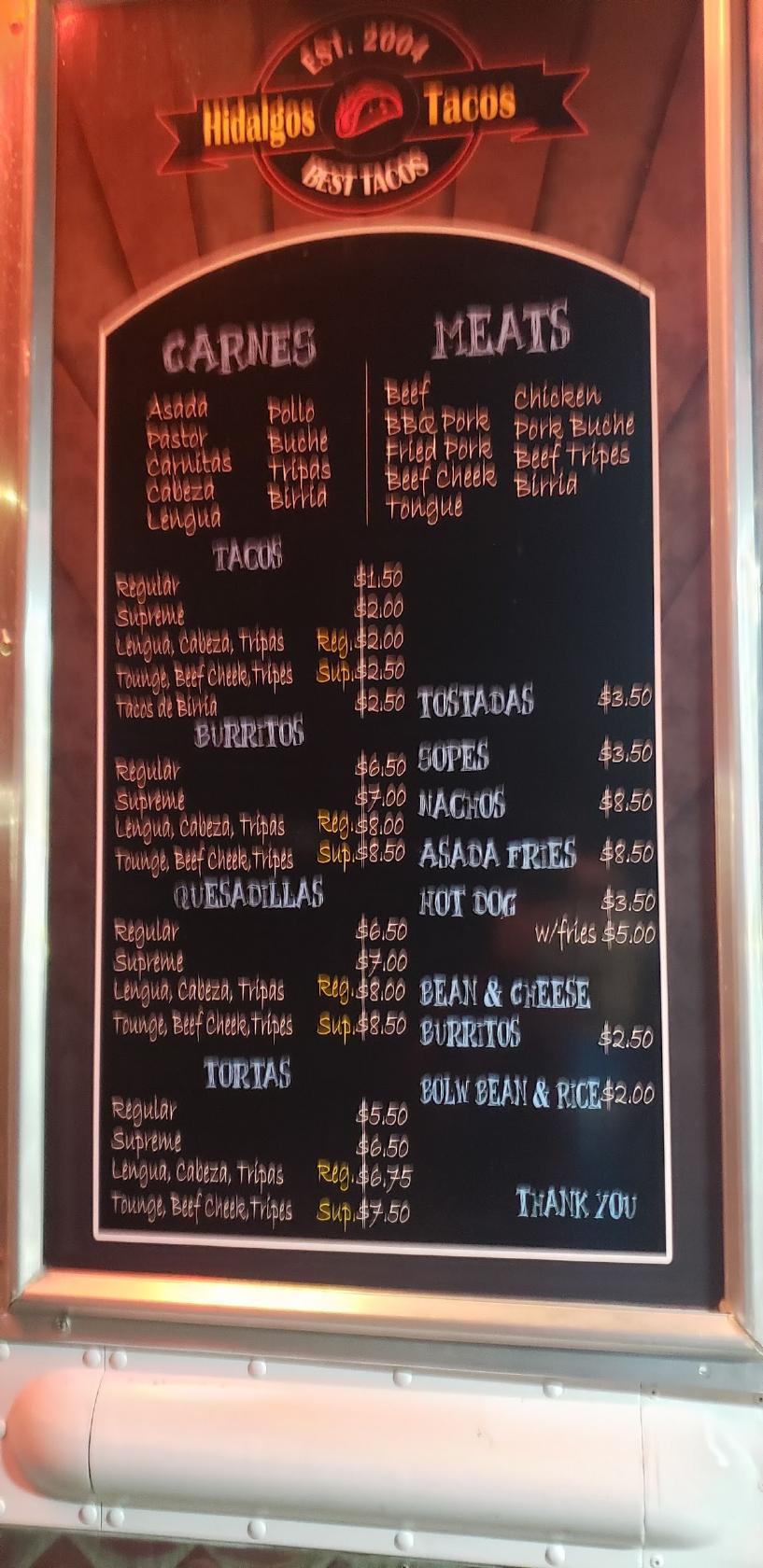 Menu at Hidalgo Taco Truck restaurant, Merced