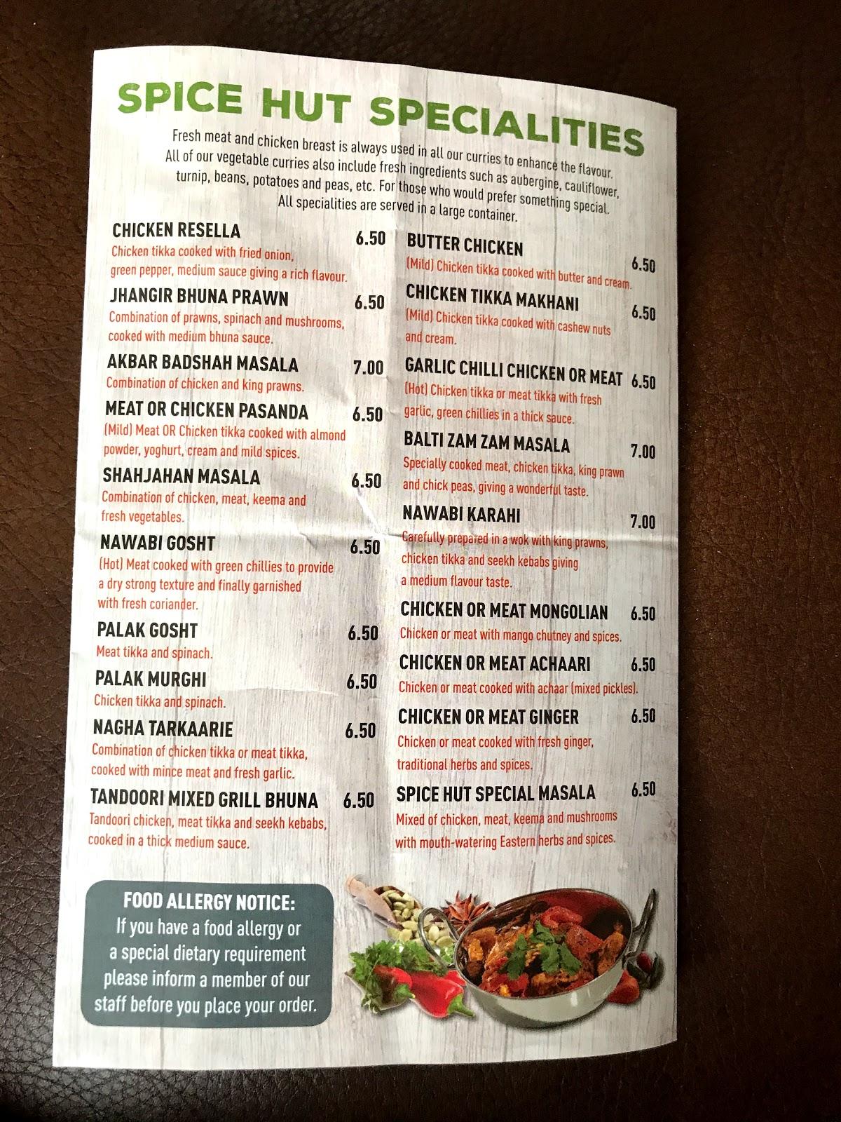Menu at Highroad Well Spice Hut fast food, Halifax, 1 Sandhall La
