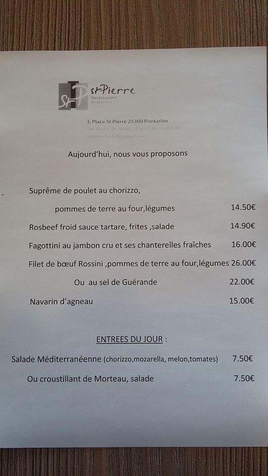 Menu at Hôtel Saint Pierre restaurant, Pontarlier