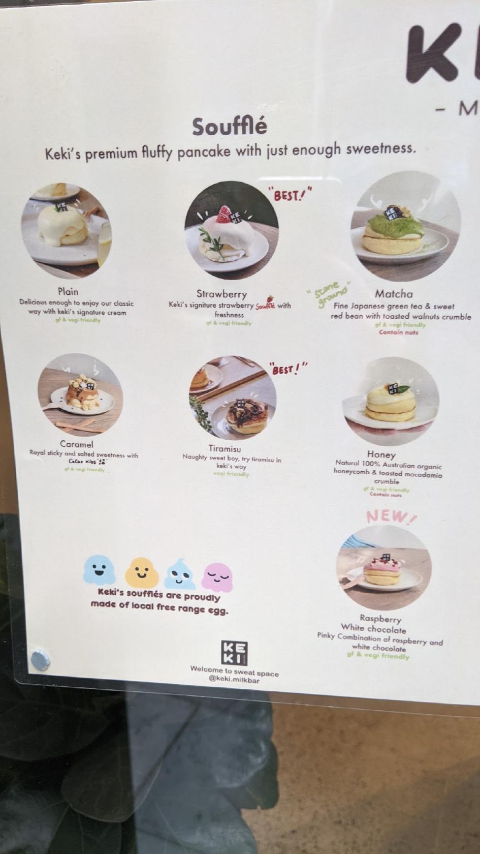 Menu at Keki milk bar, Melbourne