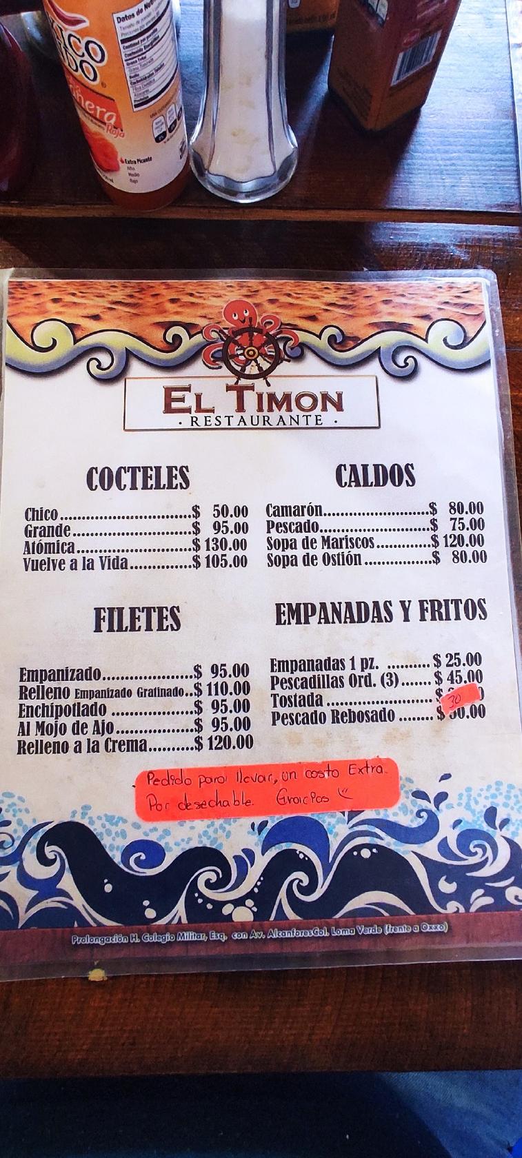 Carta del restaurante Mariscos "El Timon", Apizaco