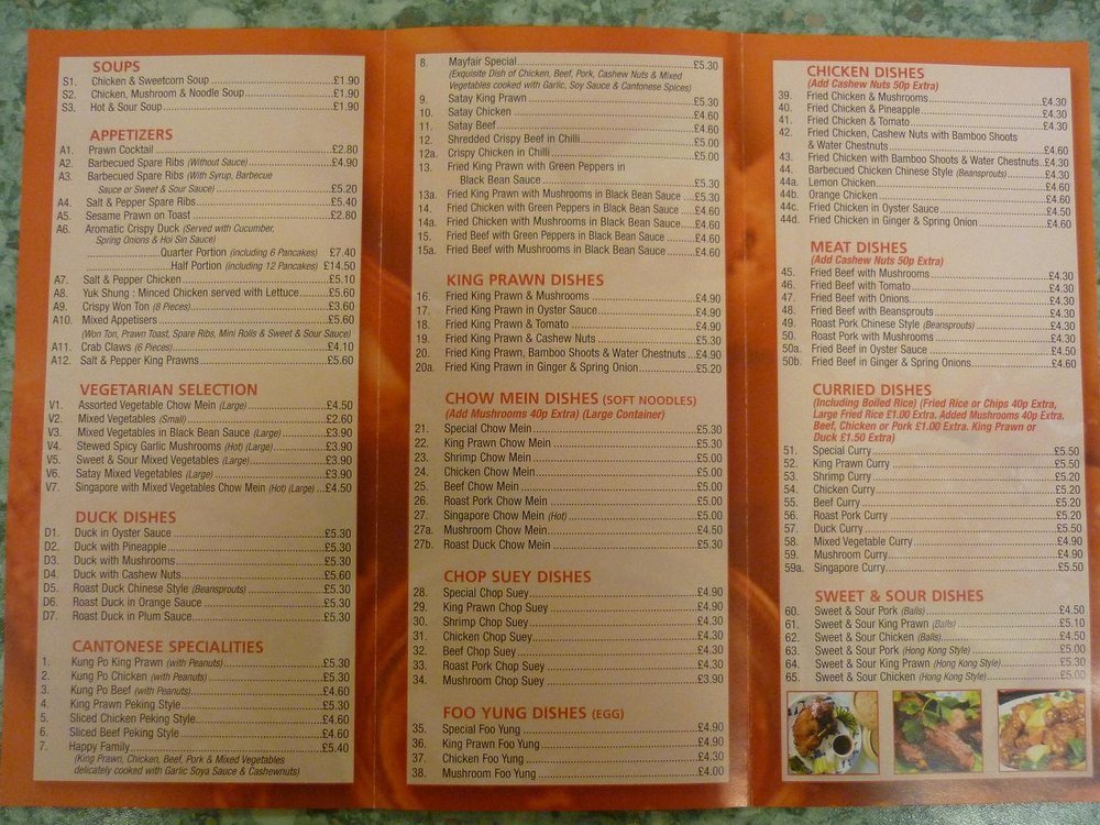Menu at Mayfair Chinese fast food, Coventry