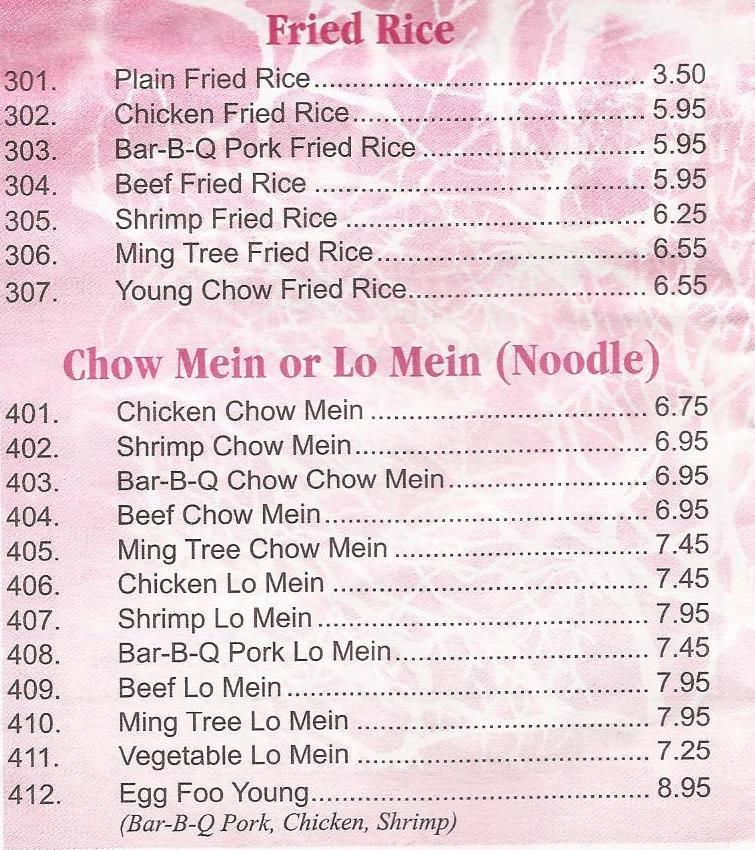Menu at New ming tree restaurant, Crawfordville