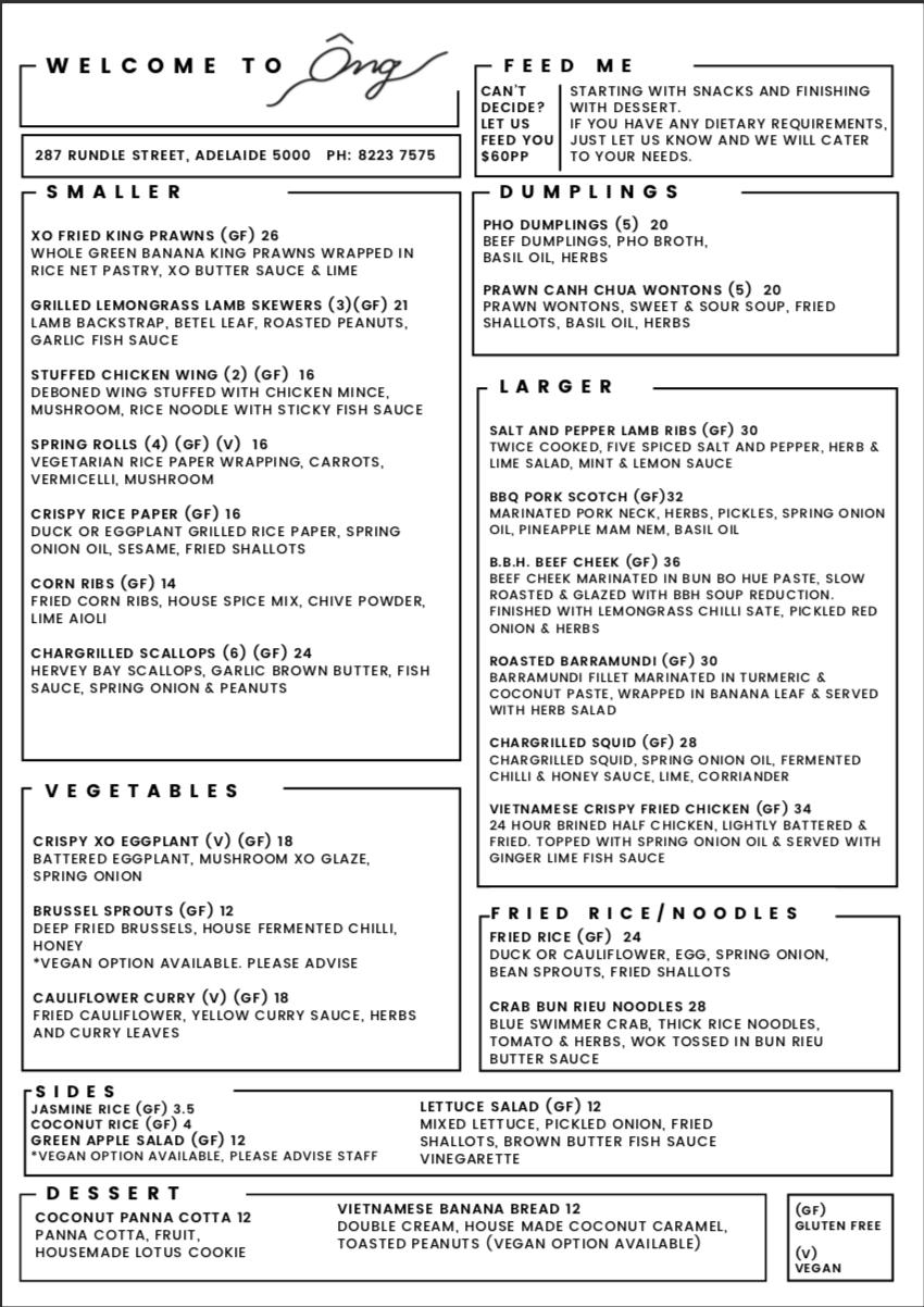 Menu at Ông Vietnamese restaurant, Adelaide