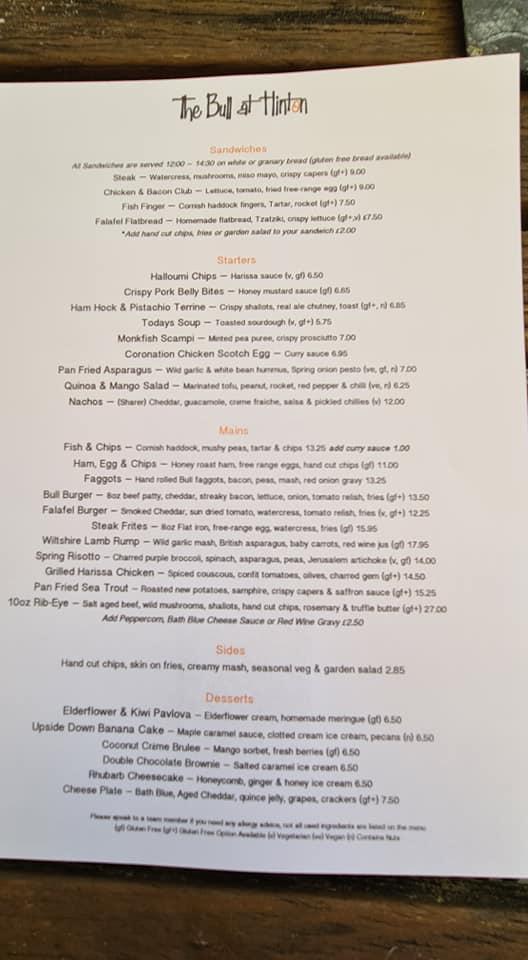 Menu at The Bull pub & bar, Dyrham and Hinton, Pucklechurch Road