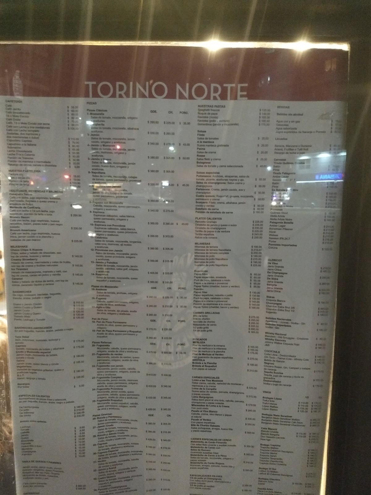 Carta de pizzería Torino Norte, Buenos Aires