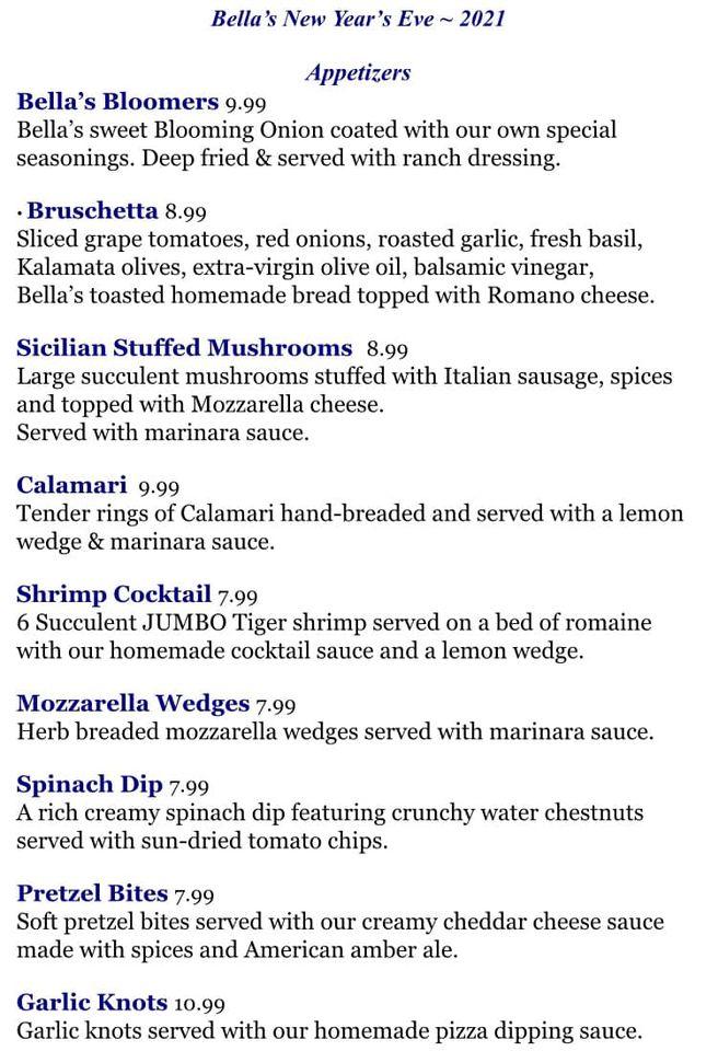 Menu at Bella's Italian Grille restaurant, Celina, W Bank Rd