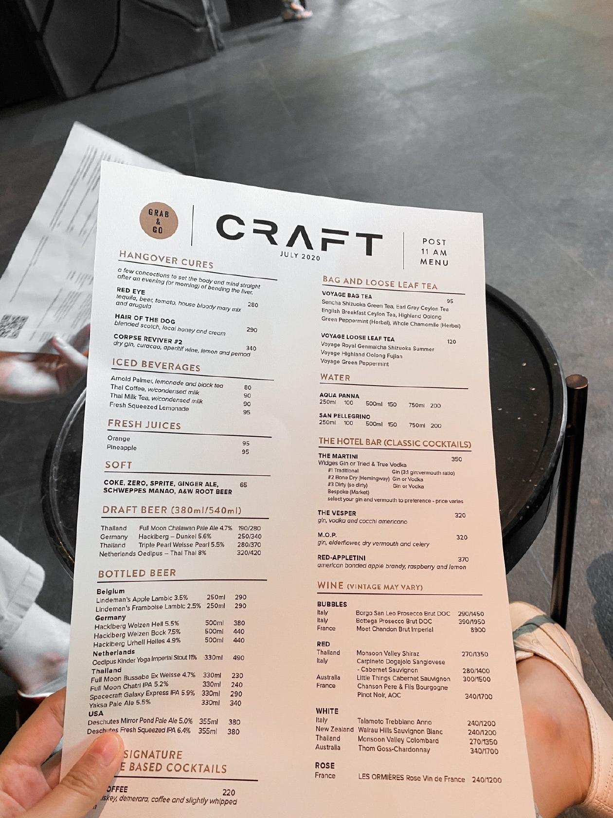 Menu at CRAFT cafe, Bangkok, Kimpton Maa-Lai Bangkok