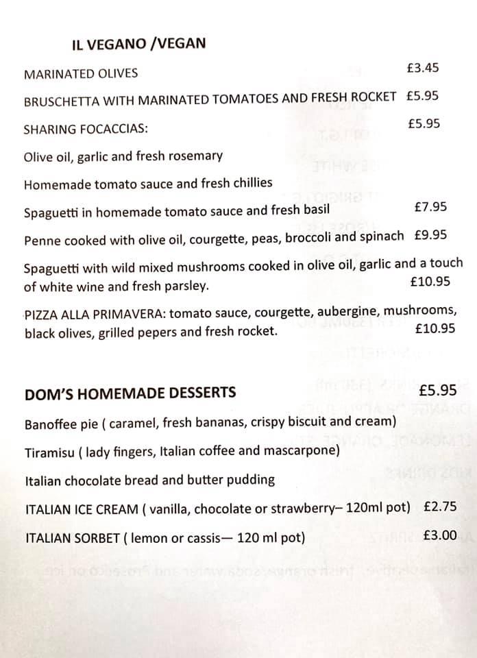 Menu at Dom Italian Pizzeria, East Wittering