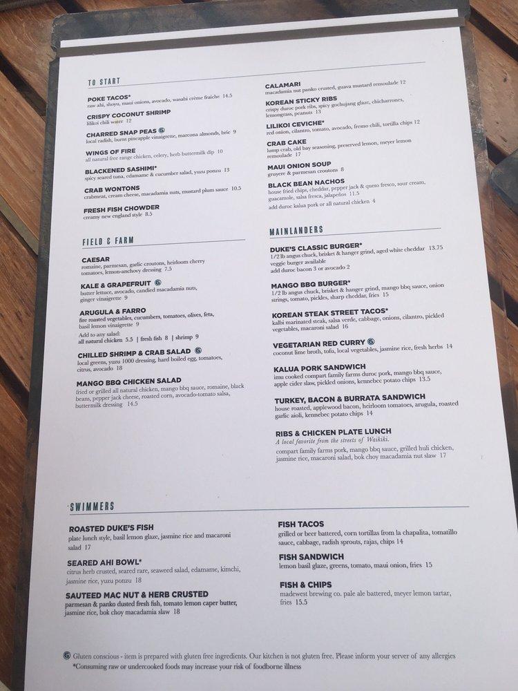 Menu at Duke's Malibu restaurant, Malibu