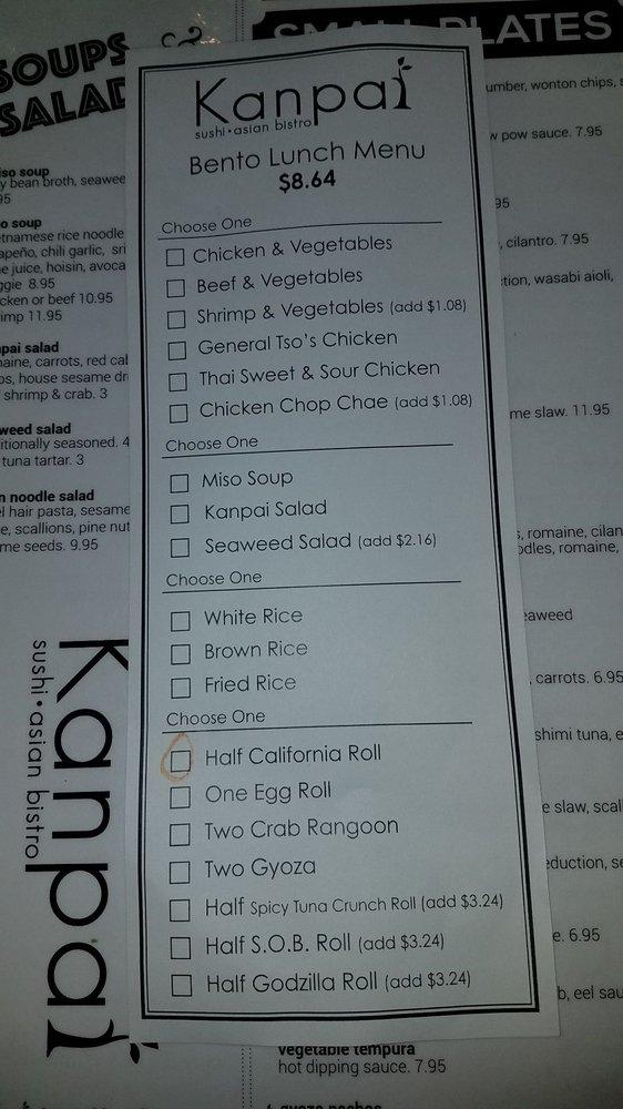 Menu at Kanpai restaurant, Evansville