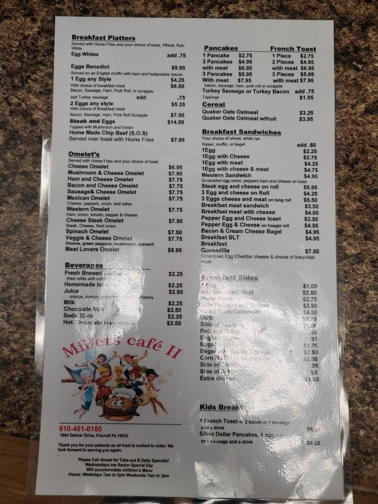 Menu at Miller's Cafe II, Folcroft