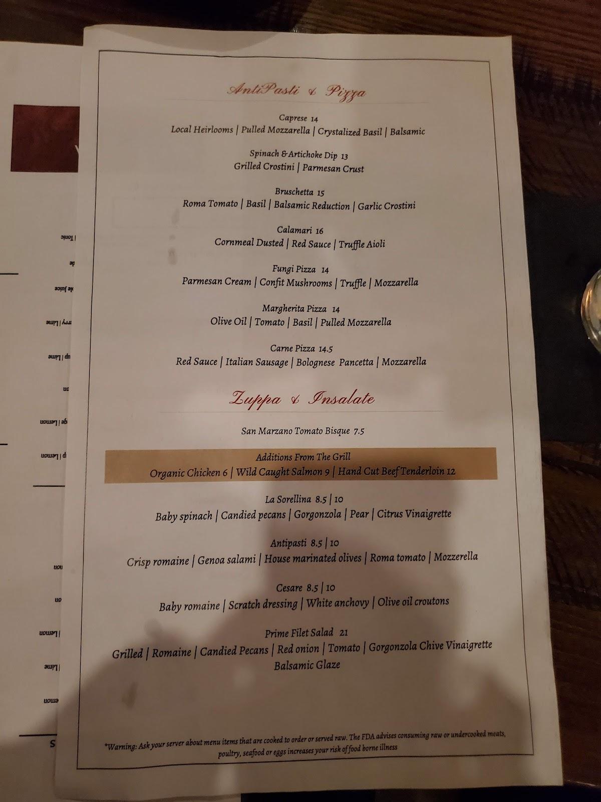 Menu at Sorellina restaurant, Traverse City, 250 E Front St Suite 110