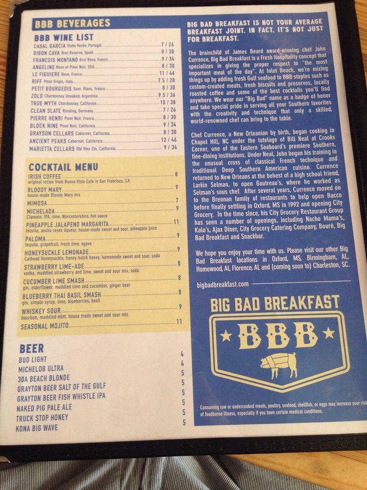 Menu at Big Bad Breakfast-Inlet Beach restaurant, Rosemary Beach