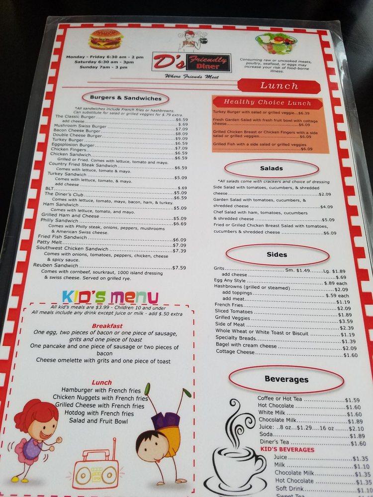 Menu at D's Friendly Diner restaurant, Statesboro