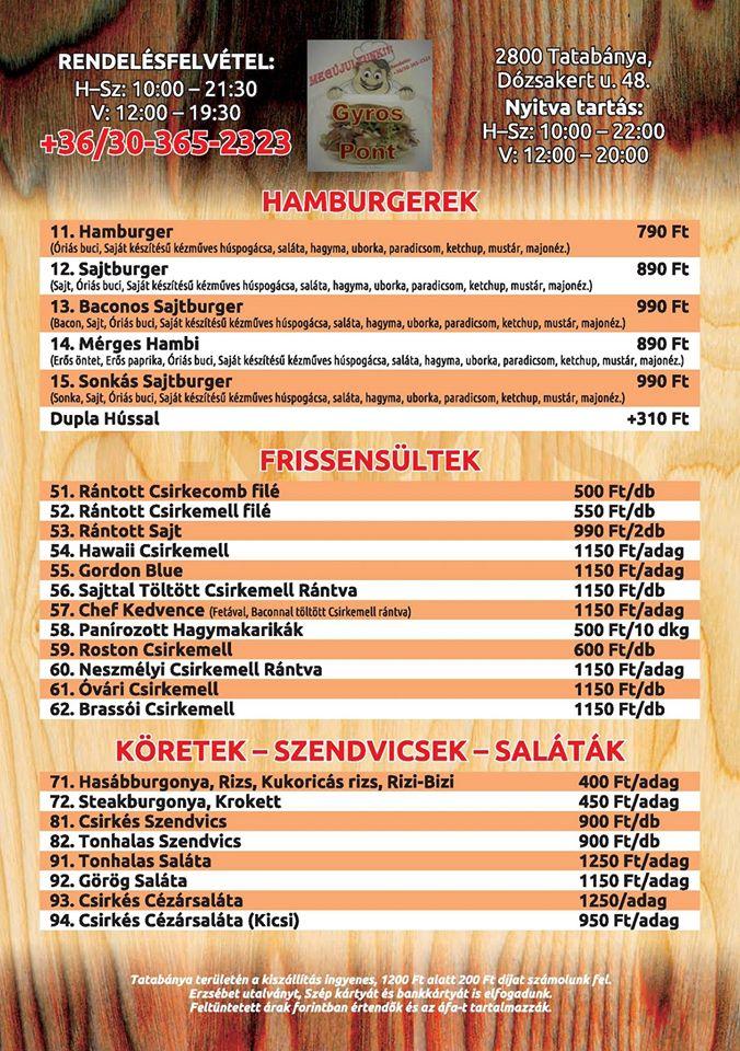 Menu at Gyros Pont restaurant, Tatabánya, Vadász u. 48