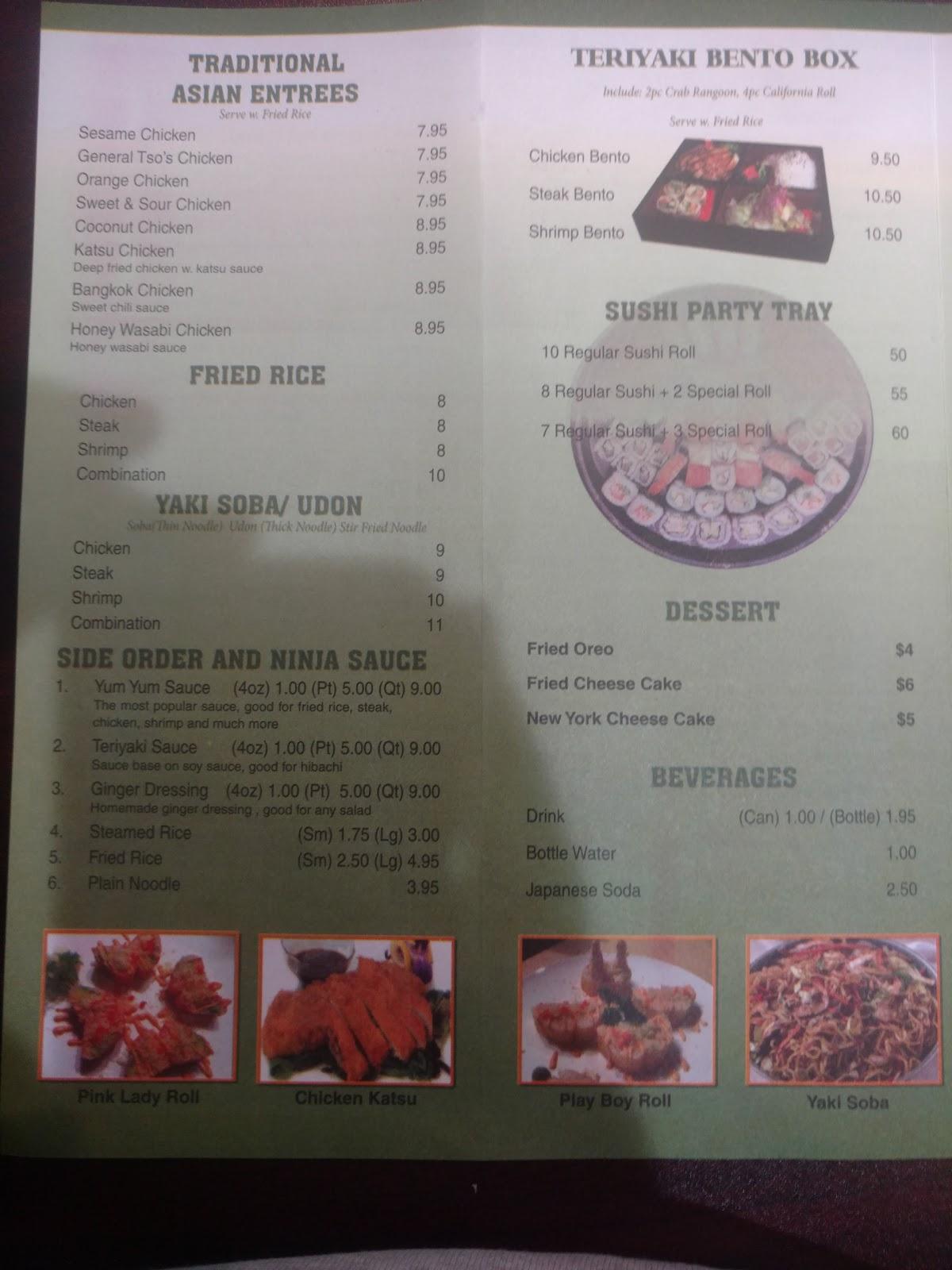 Menu at NINJA OF JAPAN desserts, Muncie