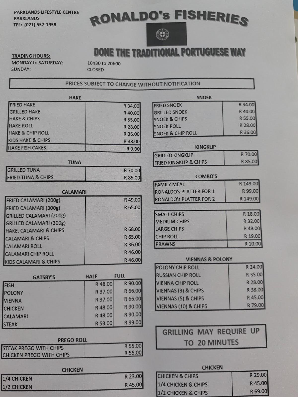 Menu at Ronaldo's Fisheries restaurant, Cape Town