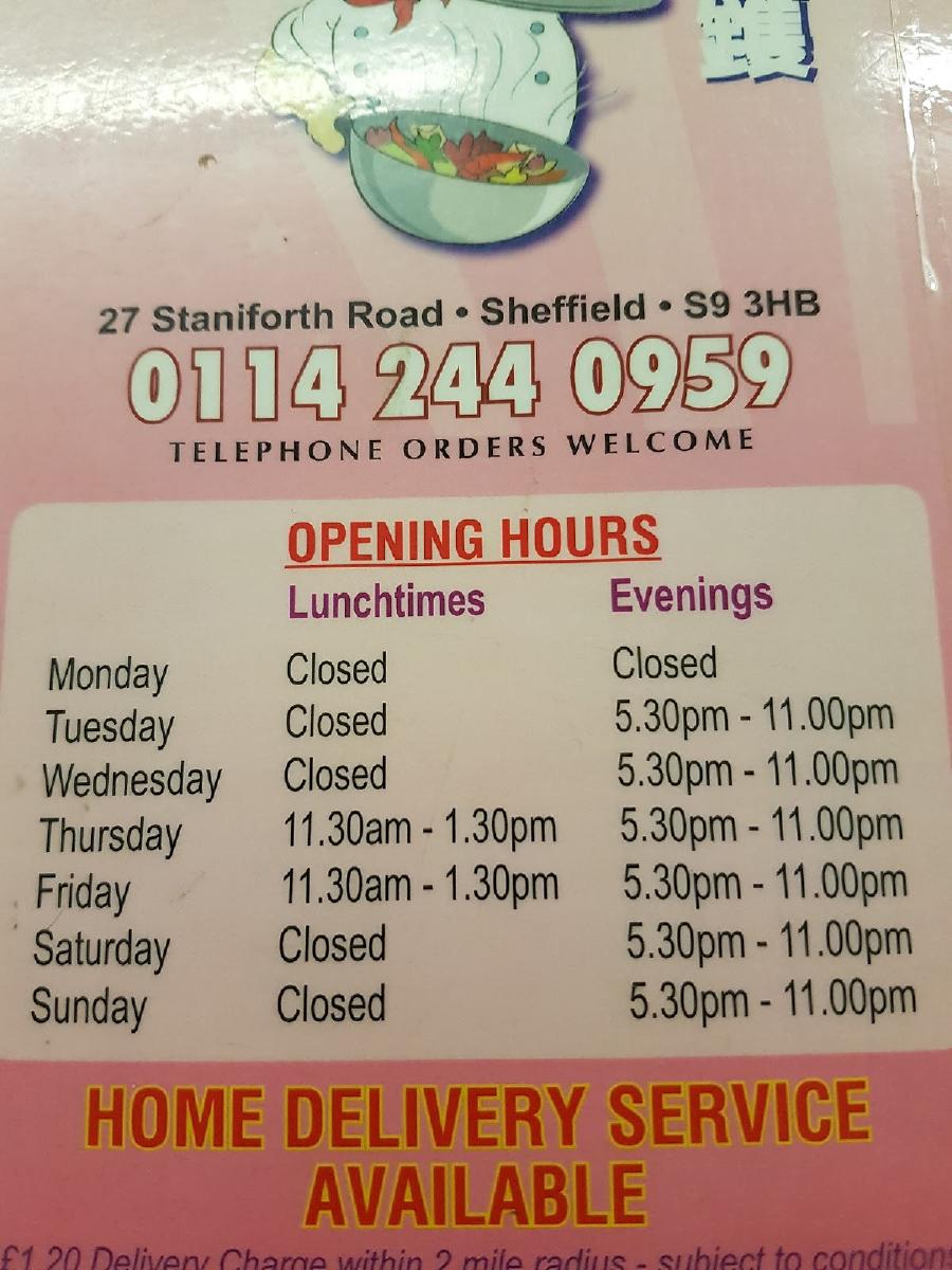 Menu at Silver Pan fast food, Sheffield, 27 Staniforth Rd