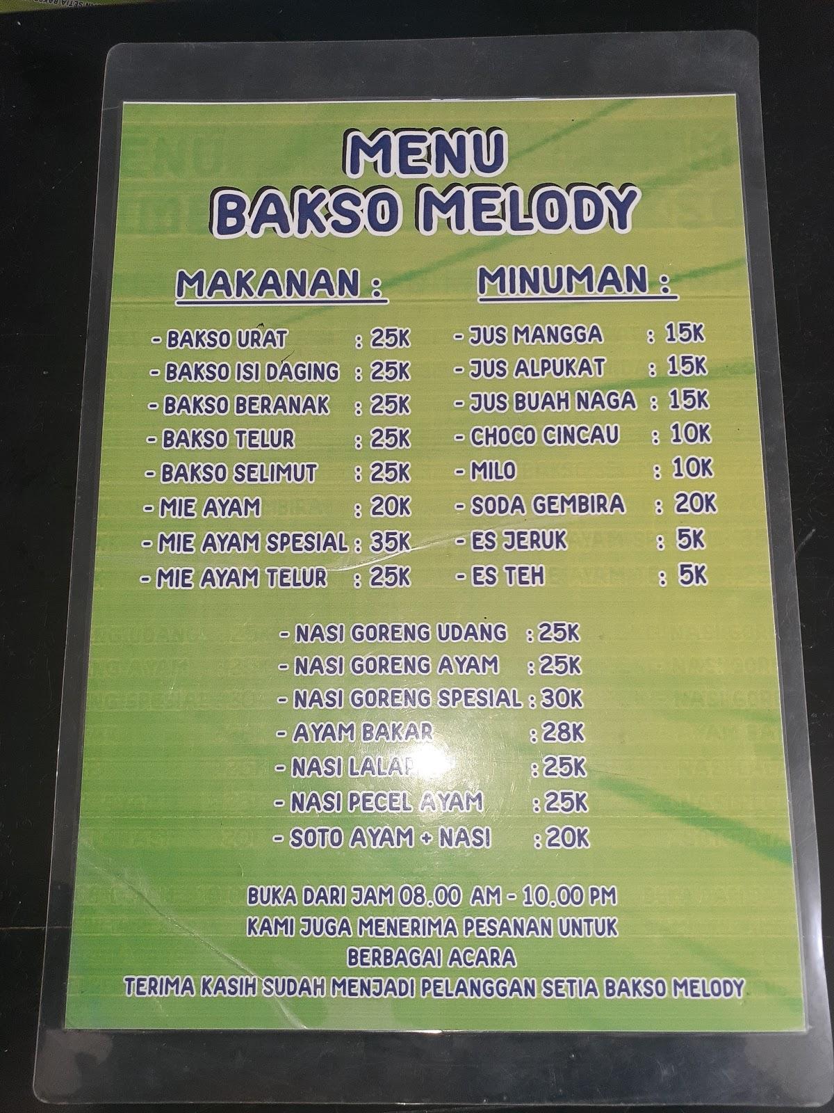 Menu at Bakso Melodi restaurant, Tanjung Selor Hilir