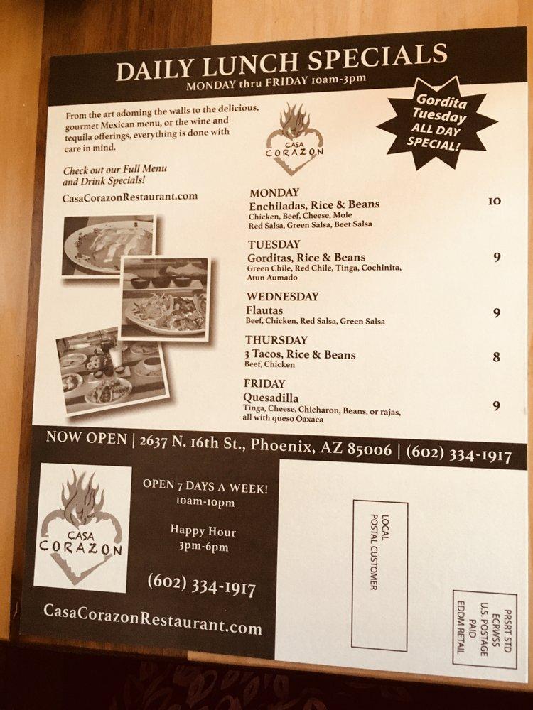 Menu at Casa Corazon Restaurant, Phoenix