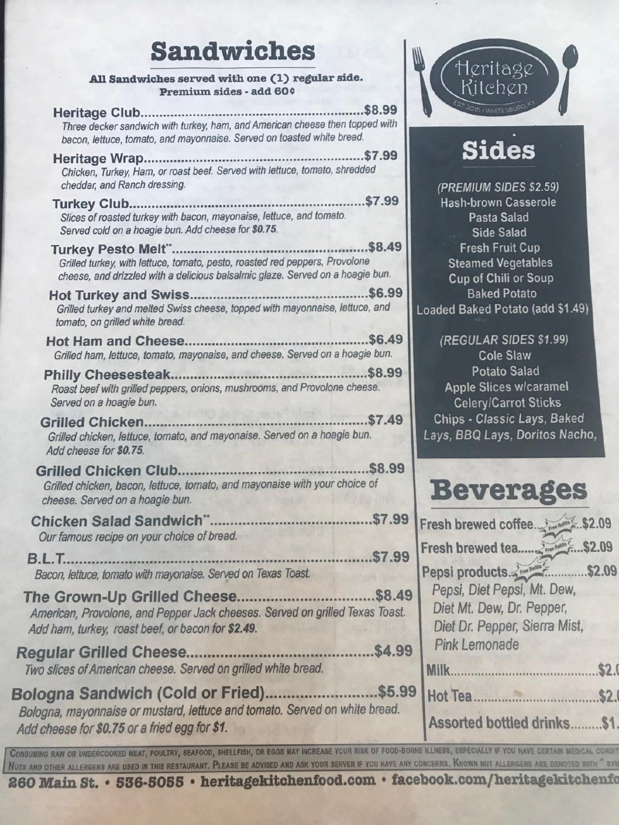 Menu at Heritage Kitchen restaurant, Whitesburg