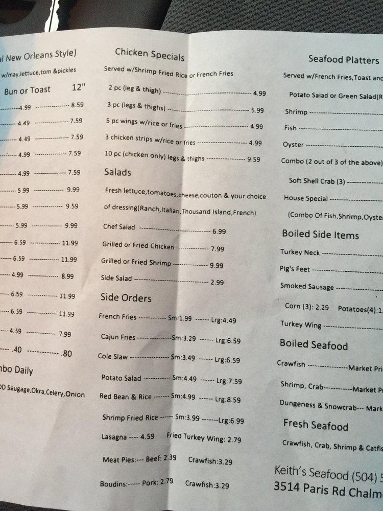 Menu at Keith's Seafood restaurant, Chalmette