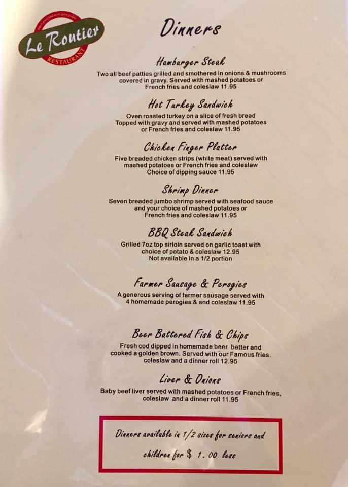 Menu at Le Routier Restaurant, St-Pierre-Jolys