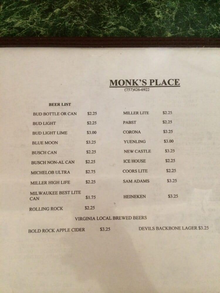 Menu at Monks Place pub & bar, Virginia Beach