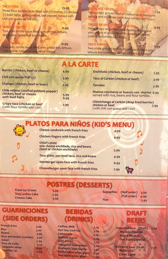 Menu at Palacios Mexican Restaurant, Palacios