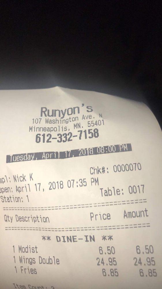 Menu at Runyon's pub & bar, Minneapolis