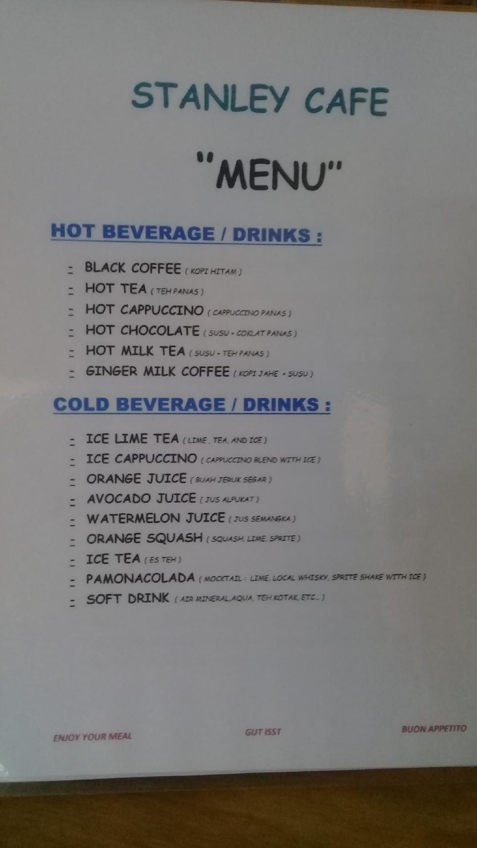 Menu at Stanley Cafe, Tentena