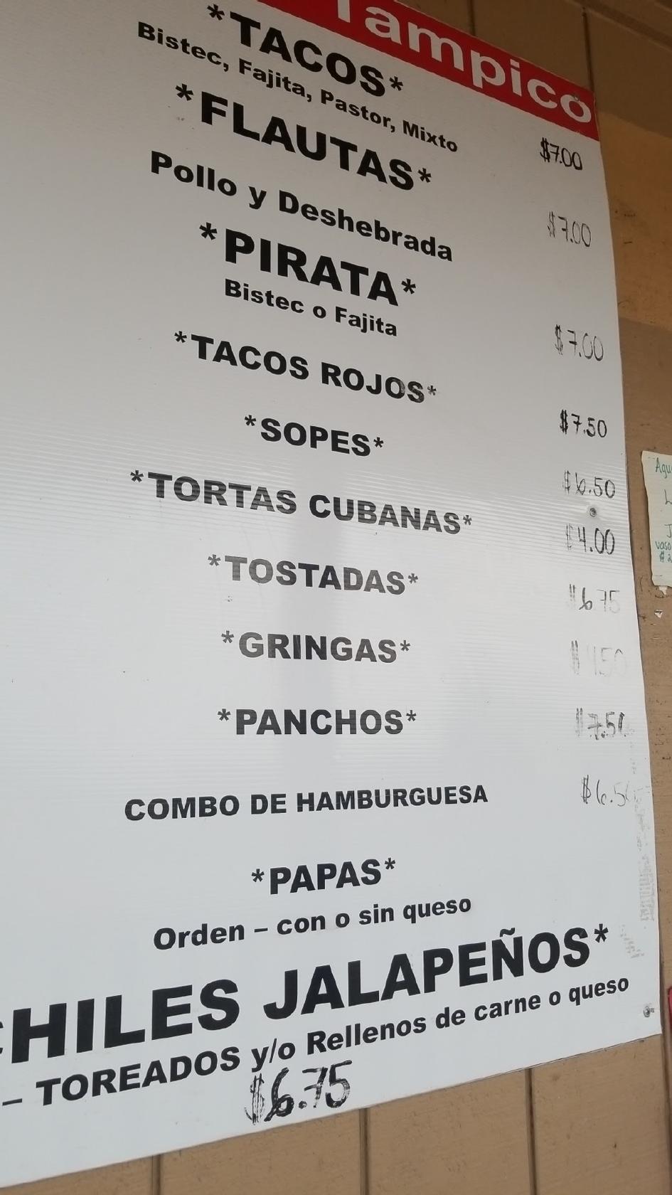 Menu at Taqueria Tampico 2 restaurant, Brownsville, US Highway 281