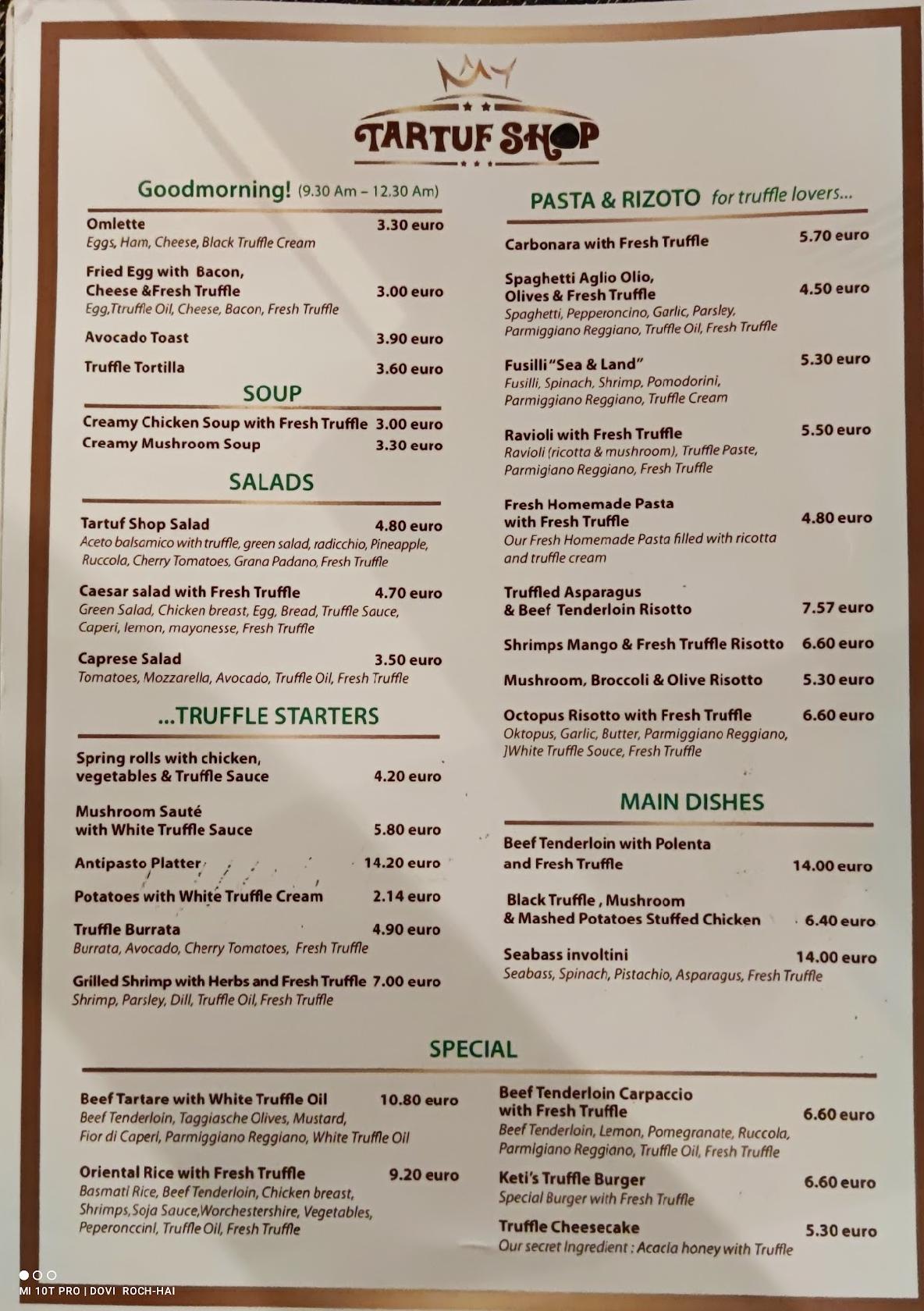 Menu at Tartuf Shop restaurant, Tirana