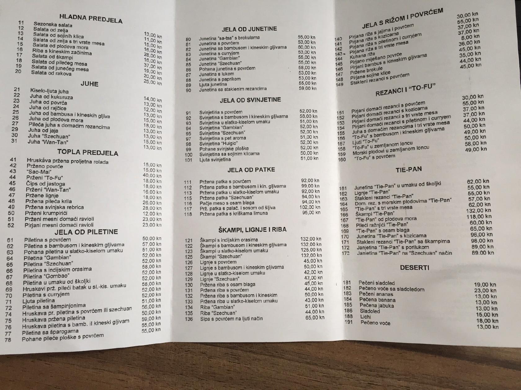 Menu at Tian Tan restaurant, Zagreb