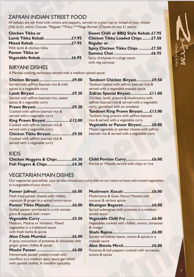 Menu at Zafran Indian Restaurant, Neath