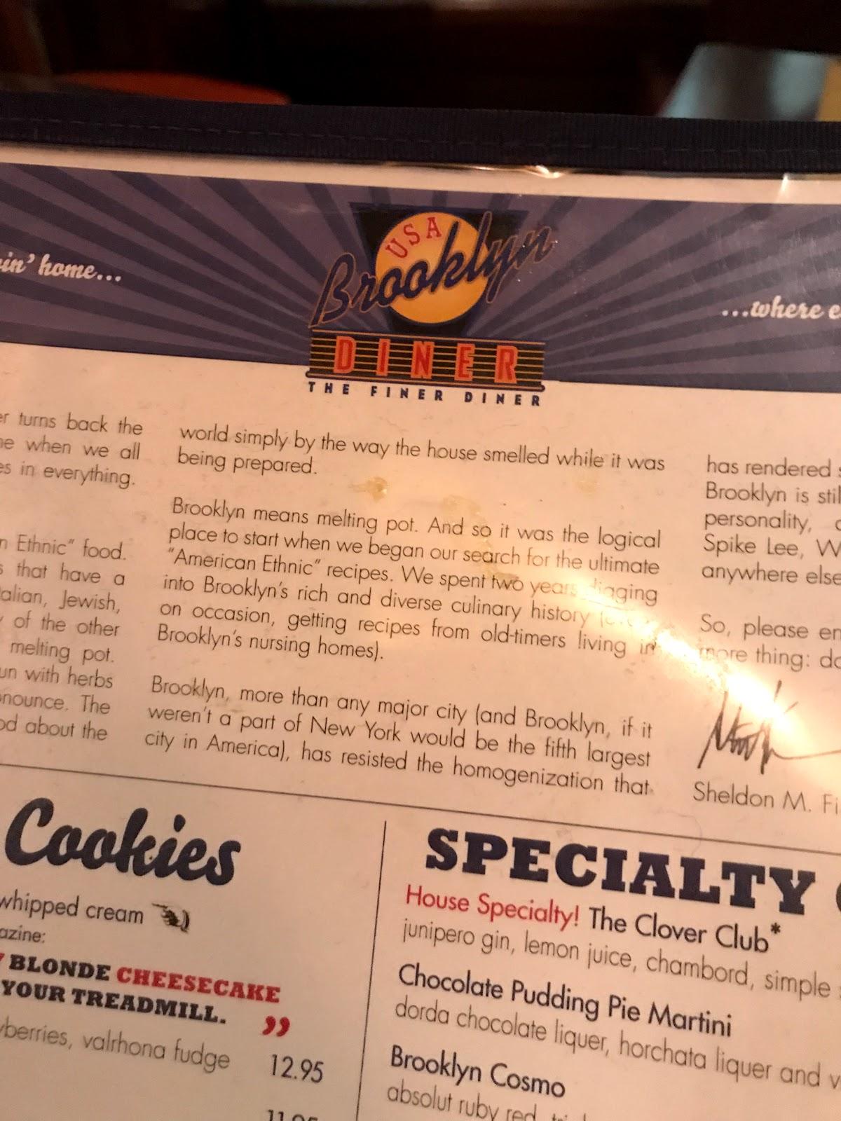 Menu at Brooklyn Diner restaurant, West New York, 155 W 43rd St