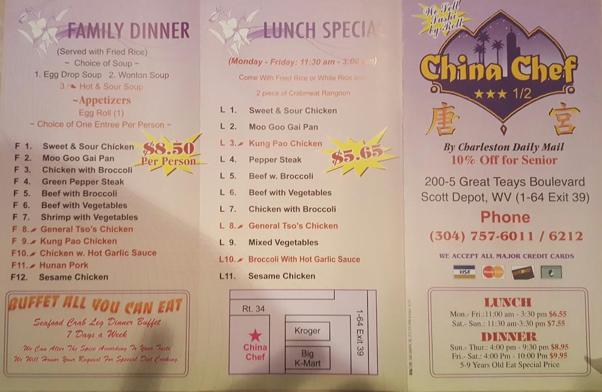 Menu at China chef restaurant, Teays Valley