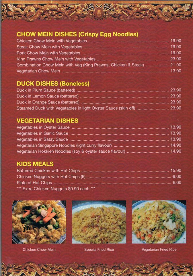 Menu at Dragon Village restaurant, Naracoorte