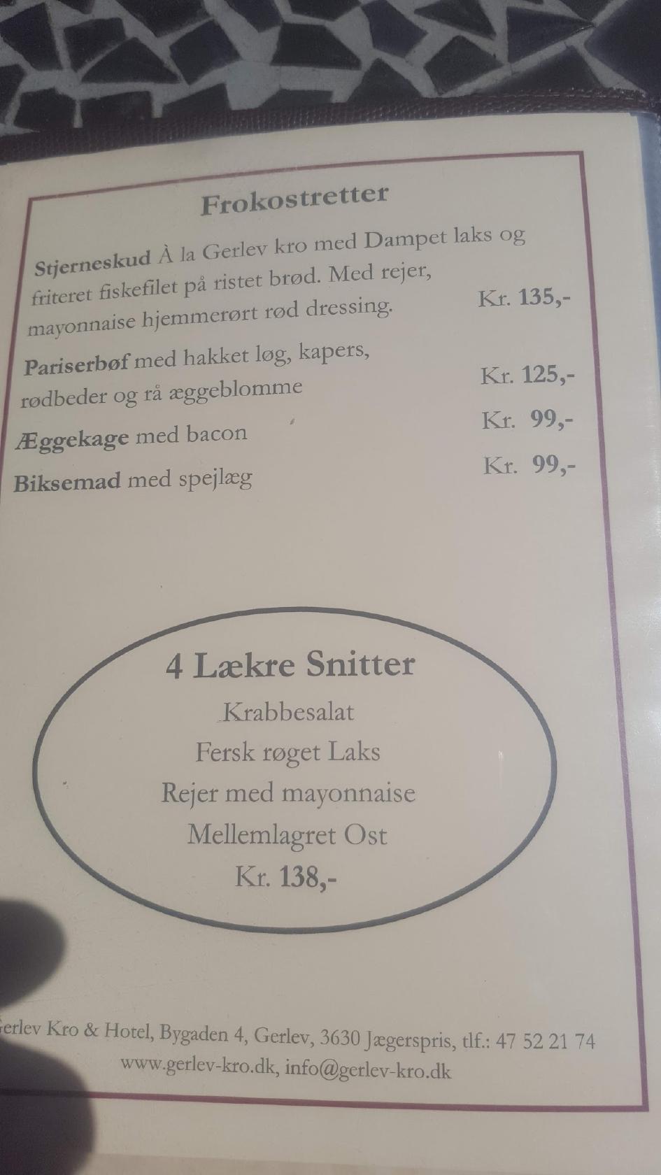 Menu at Gerlev Kro og Hotel restaurant, Jægerspris