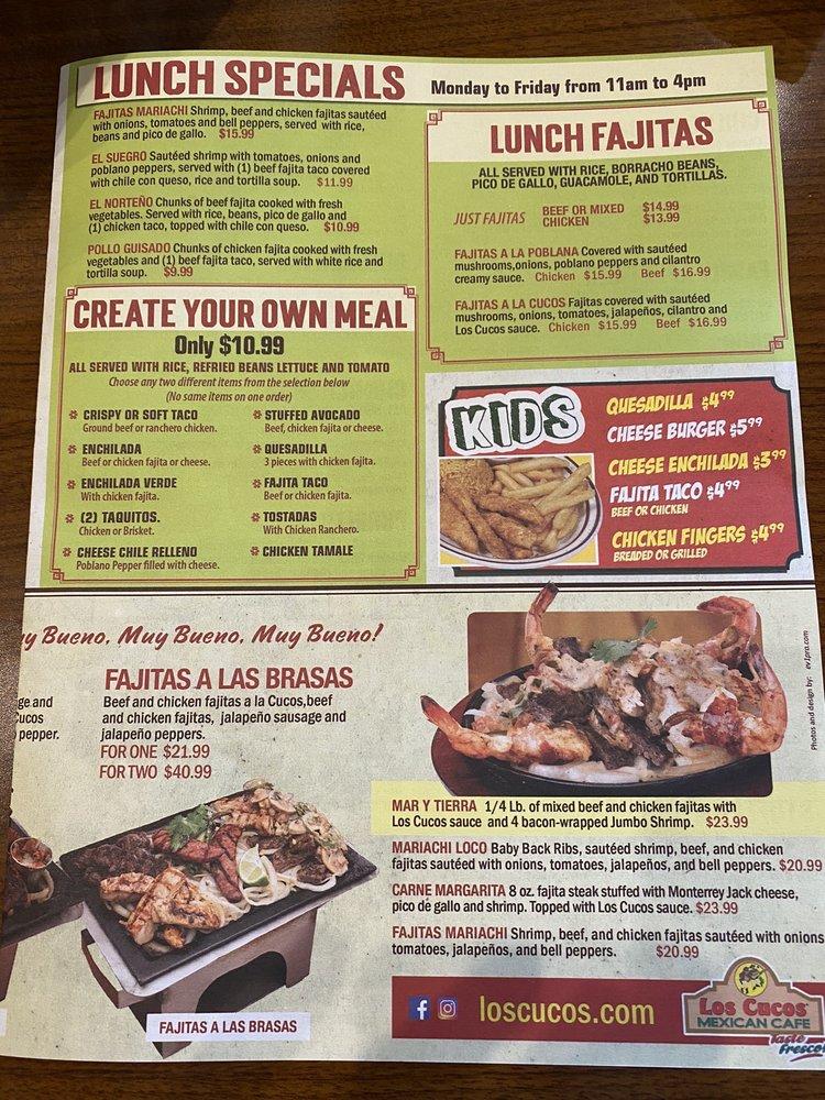 Menu at Los Cucos Mexican Cafe, Waco