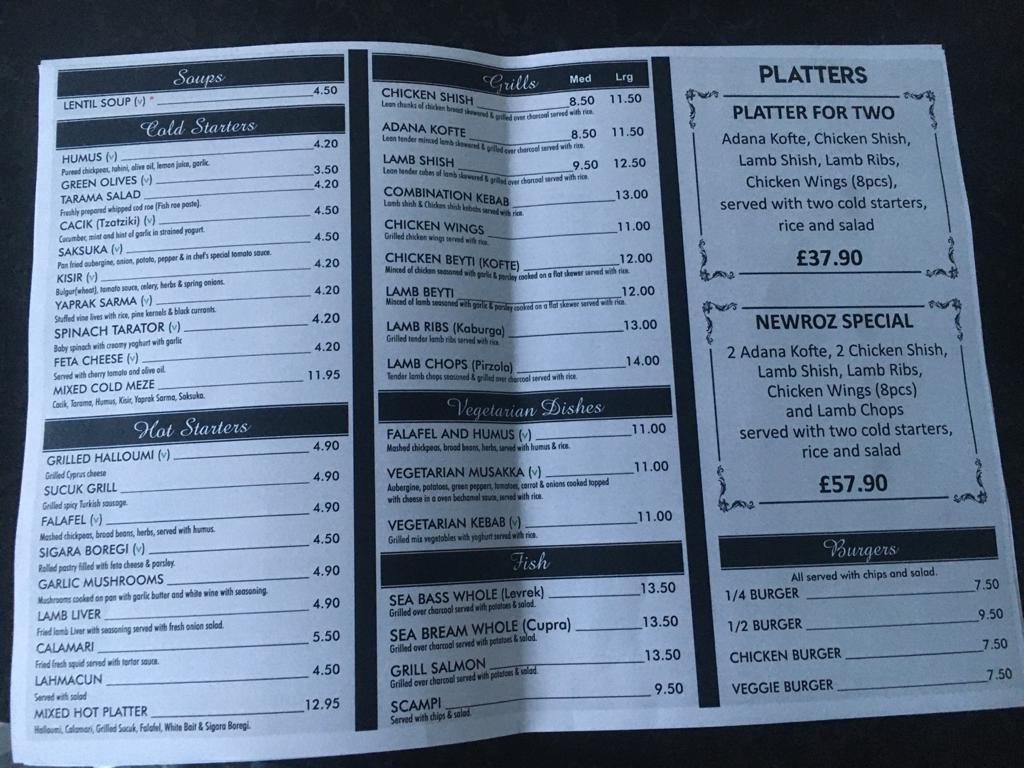 Menu at Newroz Kitchen restaurant, Clacton-on-Sea