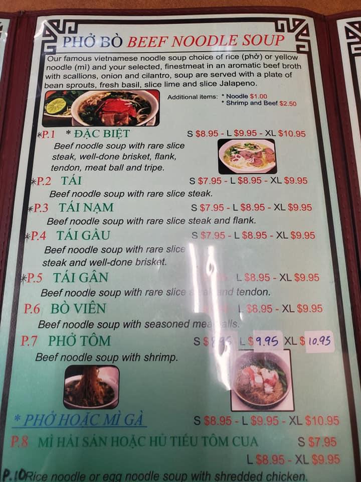 Menu at Pho Van restaurant, Windsor