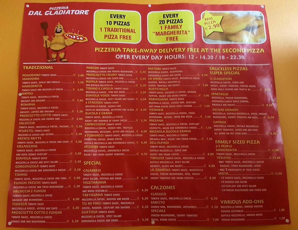 Carta de Pizzeria Dal Gladiatore, Ravena