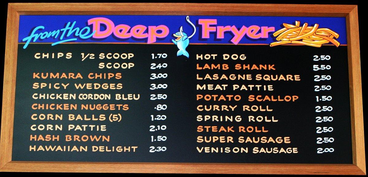 Menu at Hokitika Townchip restaurant, Hokitika